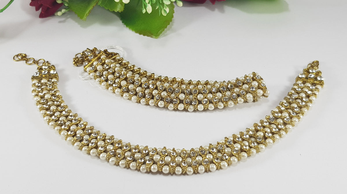 Golden Pazeb - 3 Steps with Pearls | Manshaz Collection Pakistan
